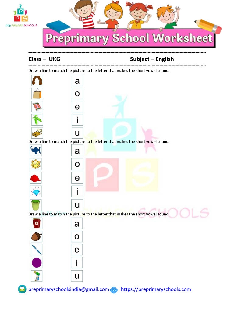 Match Picture That Makes The Short Vowel Sound UKG Worksheet